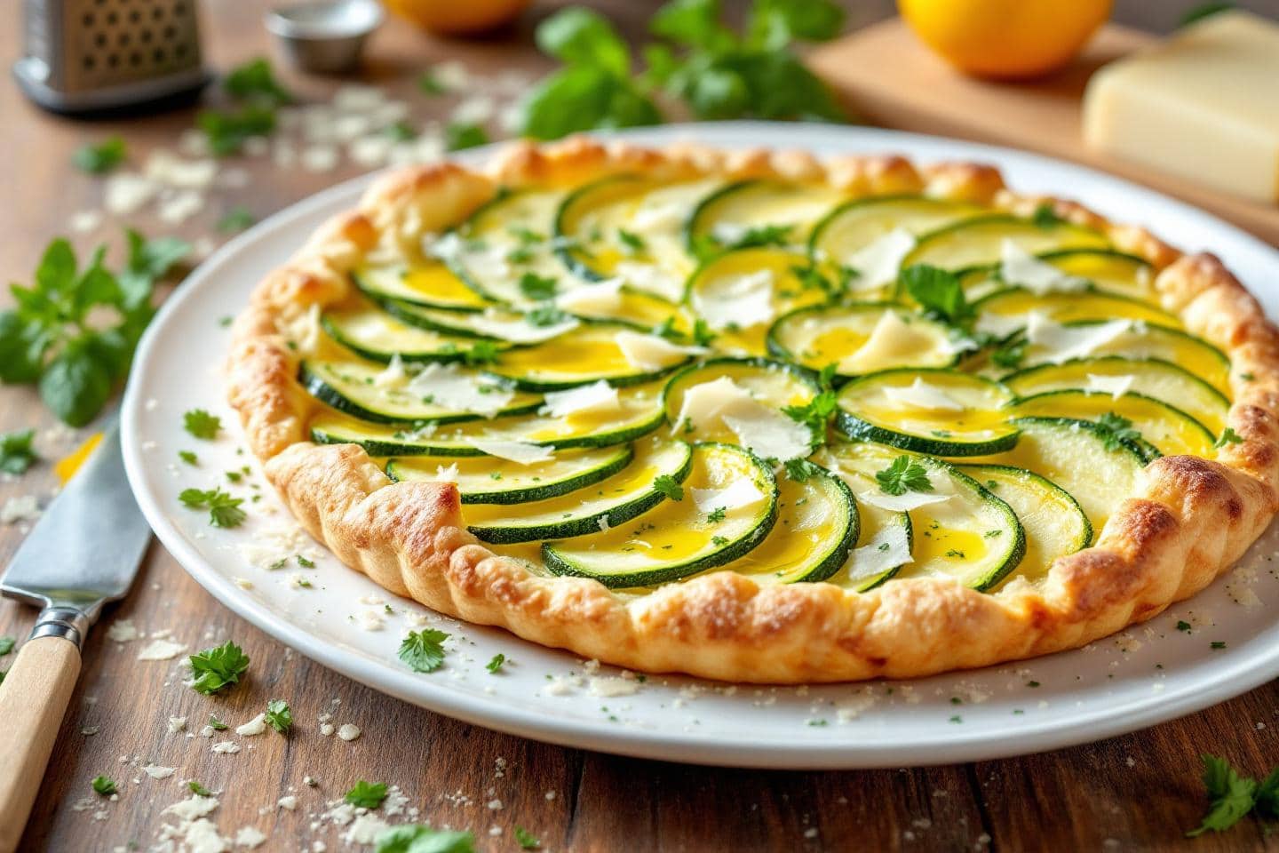 Tarte fine aux courgettes du jardin parfumée au parmesan et herbes ...
