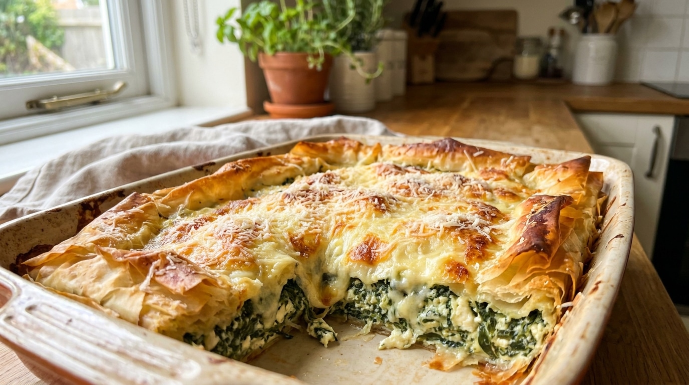 J'ai superposé des feuilles de pâte filo avec des épinards, de la feta ...